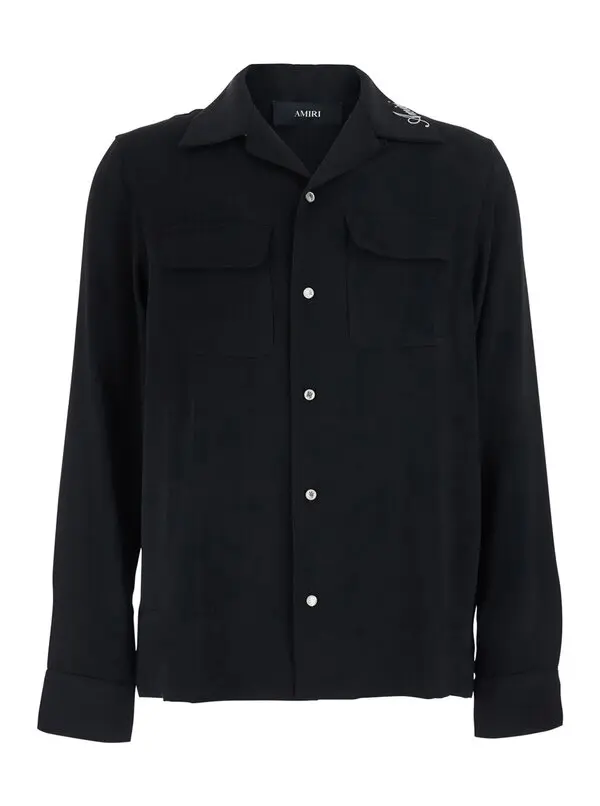 Amiri Black Shirt With Notched Collar With Logo Lettering Embroidery In Tech Fabric For