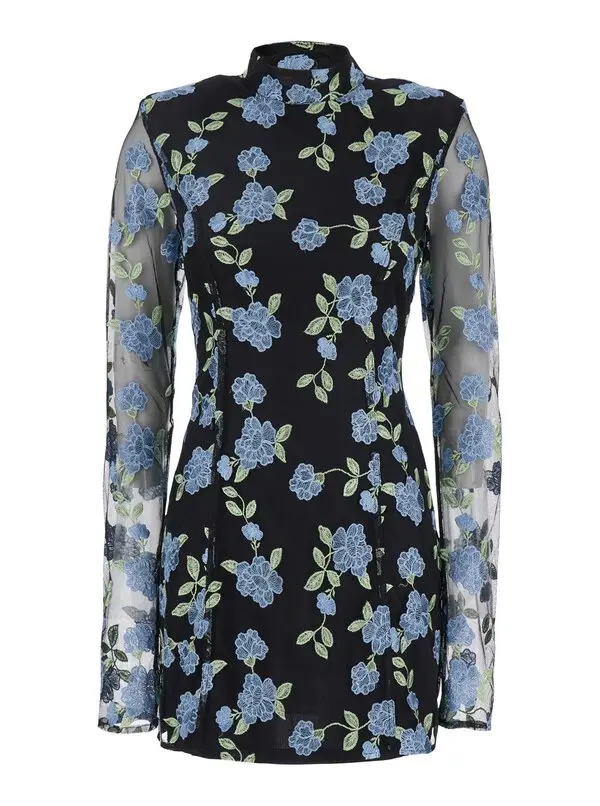 ROTATE BY BIRGER CHRISTENSEN Black High Neck Mini Dress With Semi Sheer Sleeves And All-over Floral Motif In Tech Fabric - Multicolor