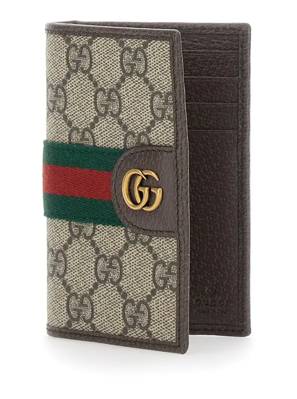 Gucci Wallet 'ophidia' With Gg Plate On The Front And Web Detail On The Front In Gg Canvas And Beige Leather For - Multicolor