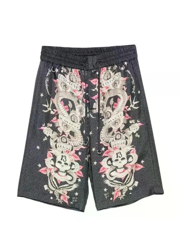 John Richmond Tattoo-print Silk Drawstring Shorts