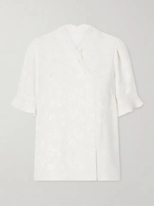 Maison Mayle Margarita Floral-jacquard Silk-crepe Blouse With Crochet And Mesh Trims - Neutrals
