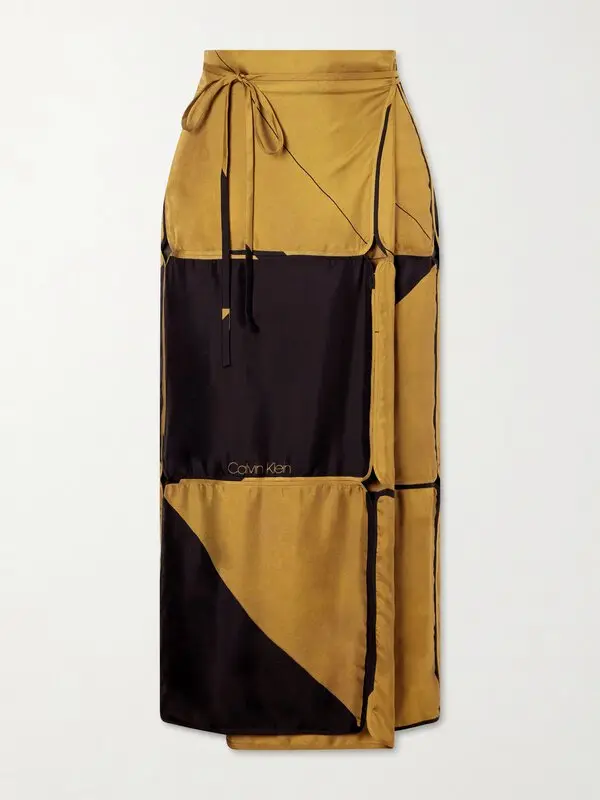 Calvin Klein Hallie Patchwork Silk-twill Wrap Midi Skirt - Brown