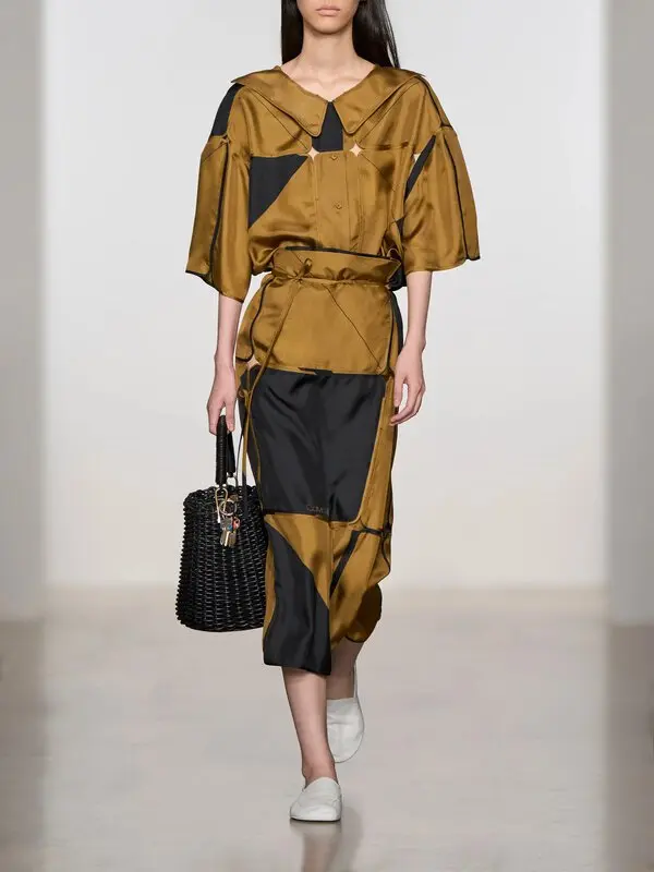 Calvin Klein Hallie Patchwork Silk Twill Wrap Midi Skirt