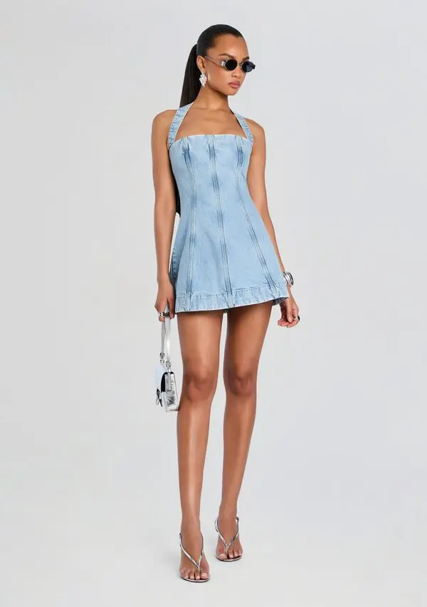 Retrofete Vivara A-line Mini Halter Neck Denim Dress