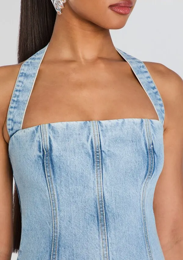 Retrofete Vivara A-line Mini Halter Neck Denim Dress