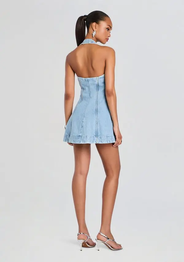 Retrofete Vivara A-line Mini Halter Neck Denim Dress