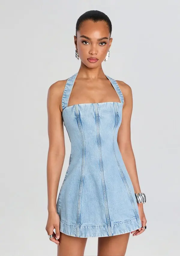 Retrofete Vivara A-line Mini Halter Neck Denim Dress