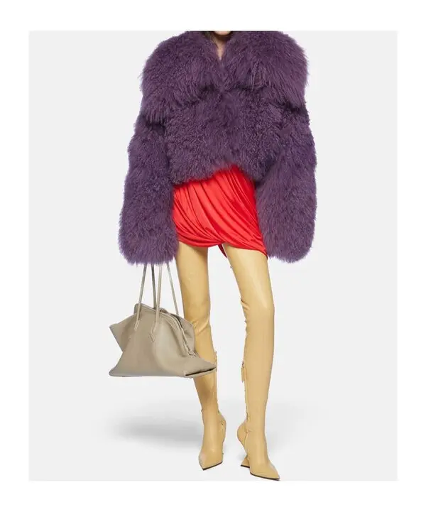 Attico Mongolian Fur Long Sleeve Jacket With Wide Collar - Violet