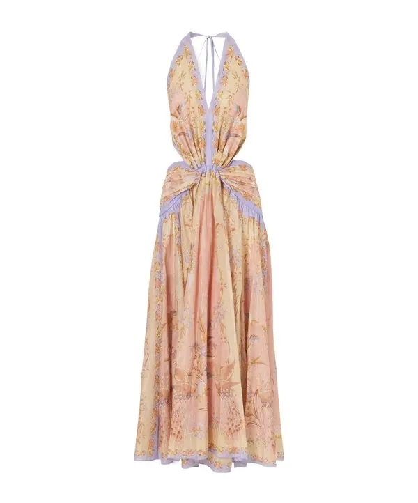 Zimmermann Pink And Lilac Bird-print Halter-neck Maxi Dress - Nude