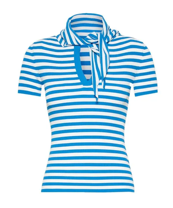 Max Mara Striped V-neck Knit Top With Tie Detail - Blue