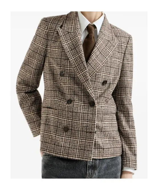 Brunello Cucinelli Alpaca And Wool Prince Of Wales Blazer With Monili - Brown