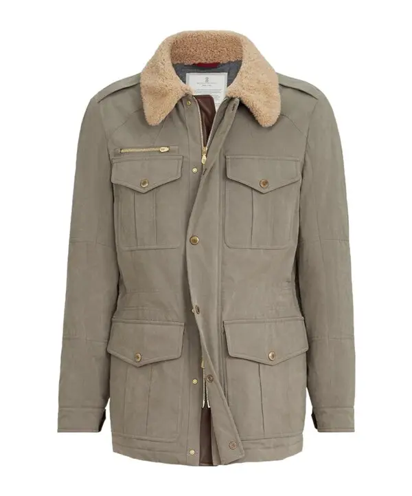 Brunello Cucinelli Waxed Techno-cotton Safari Jacket With Thermore Padding, Nappa Leather Inserts And Shearling Collar - Medium Gray