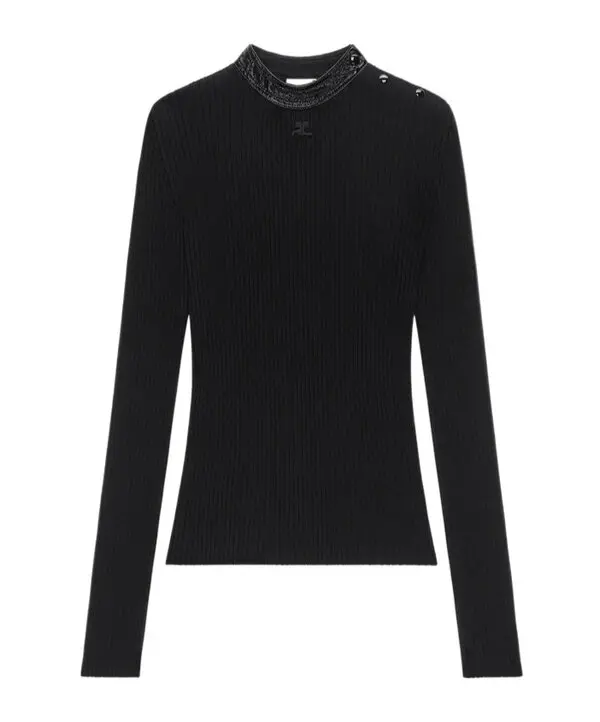 COURREGES Ribbed Long Sleeve T-shirt With Vinyl Collar - Black