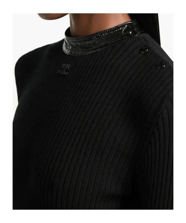 COURREGES Ribbed Long Sleeve T-shirt With Vinyl Collar