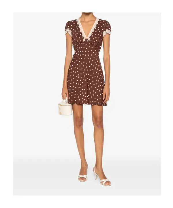 Rixo Polka Dot Lace Trim V-neck Short Sleeve Dress