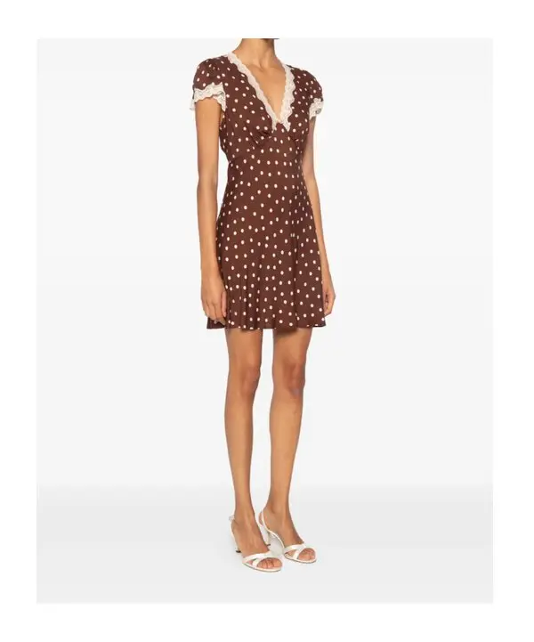 Rixo Polka Dot Lace Trim V-neck Short Sleeve Dress