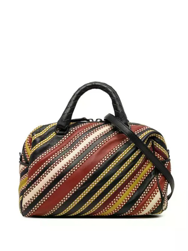 Bottega Veneta Nappa Leather Diagonal Stripe Boston Bag Satchel - Black