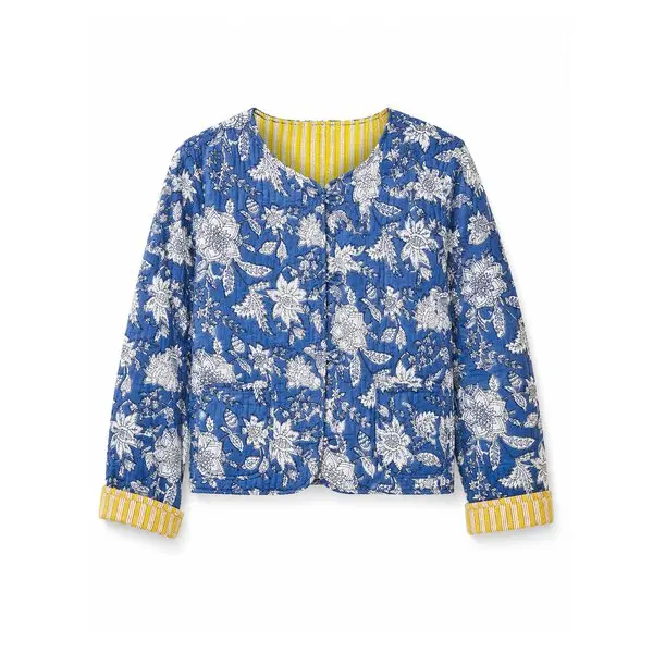 YUMI Floral Reversible Cotton Quilted Jacket - Blue