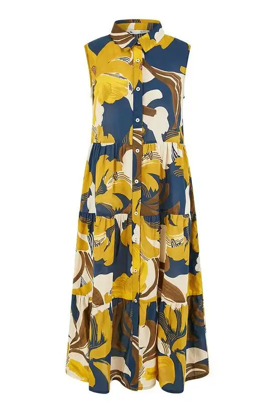 YUMI Navy Cotton Leaf Midi Sleeveless Shirt Dress - Blue