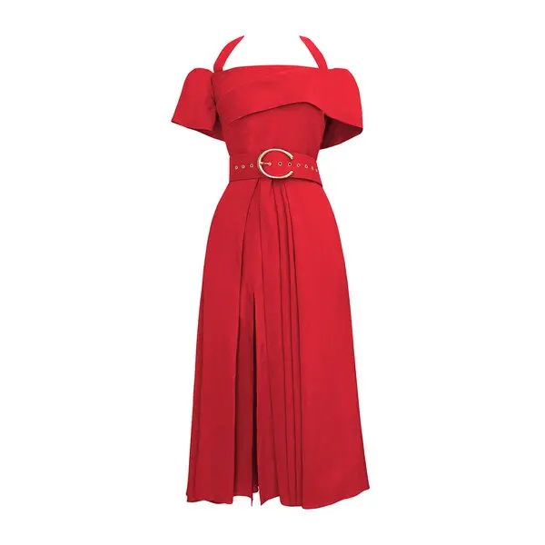 ALINA CERNATESCU Chimera Cocktail Linen Off Shoulder Midi Dress - Red