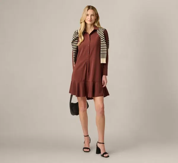 Adrianna Papell Long Sleeve Flounce Hem Hailey Dress - Chocolate