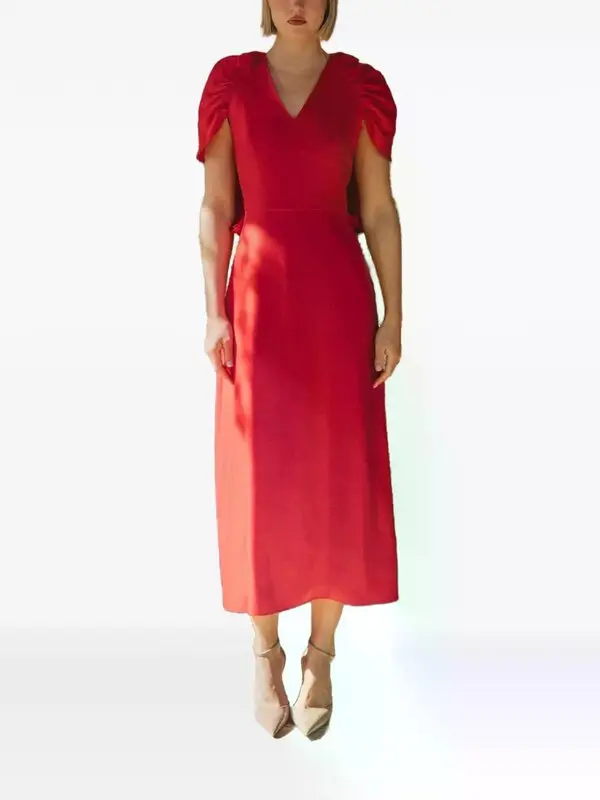 Cherubina Ruched-sleeve V-neck Midi Dress - Red