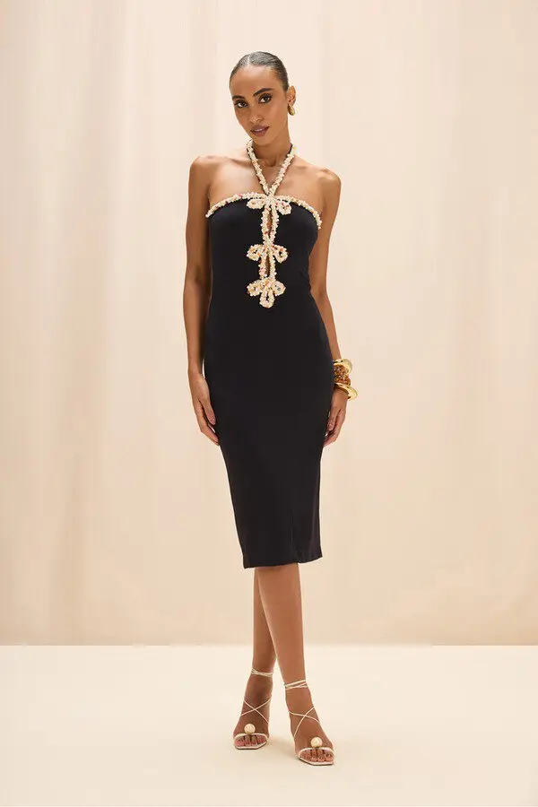 PatBO Jade Knit Embroidered Halterneck Midi Dress - Black