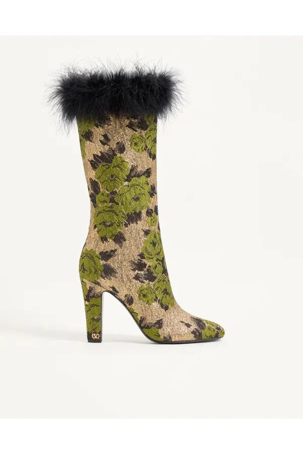 Valentino Garavani Hotty Boot In Lurex Jacquard Fabric And Feathers 100mm - Green