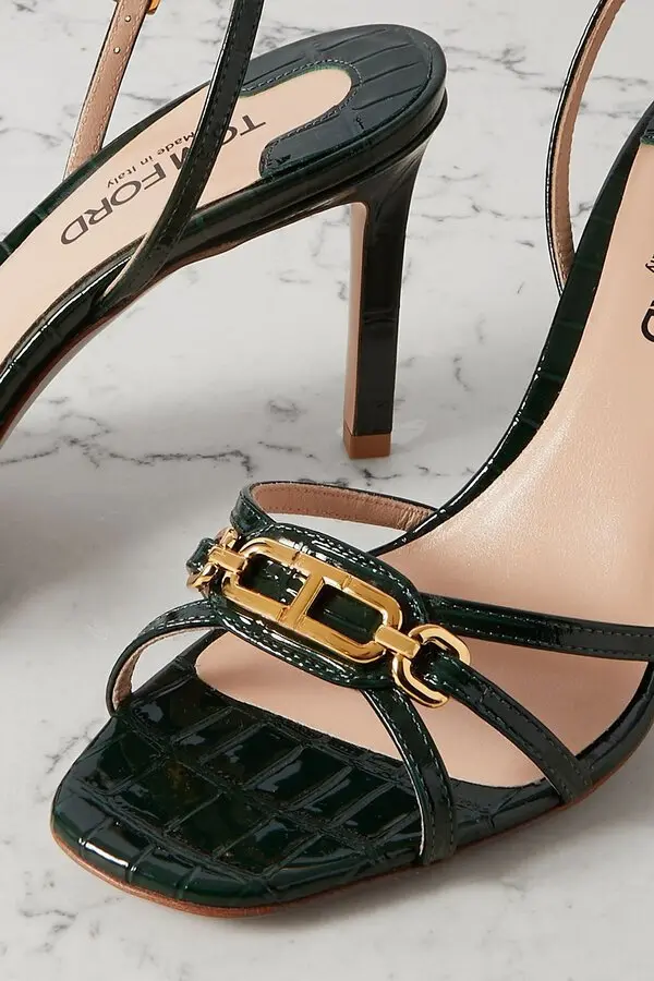 TOM FORD Embellished Croceffect Leather Slingback Sandals