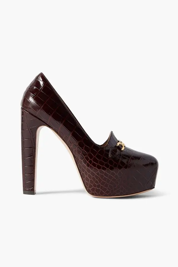 TOM FORD Embellished Croceffect Leather Platform Pumps - Dark Brown
