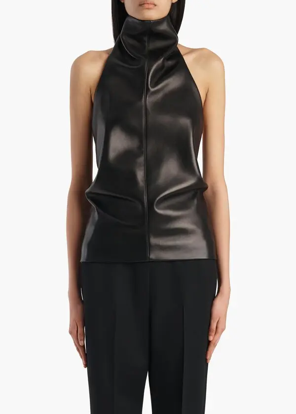 Khaite High Neck Halter Leather Top - Black