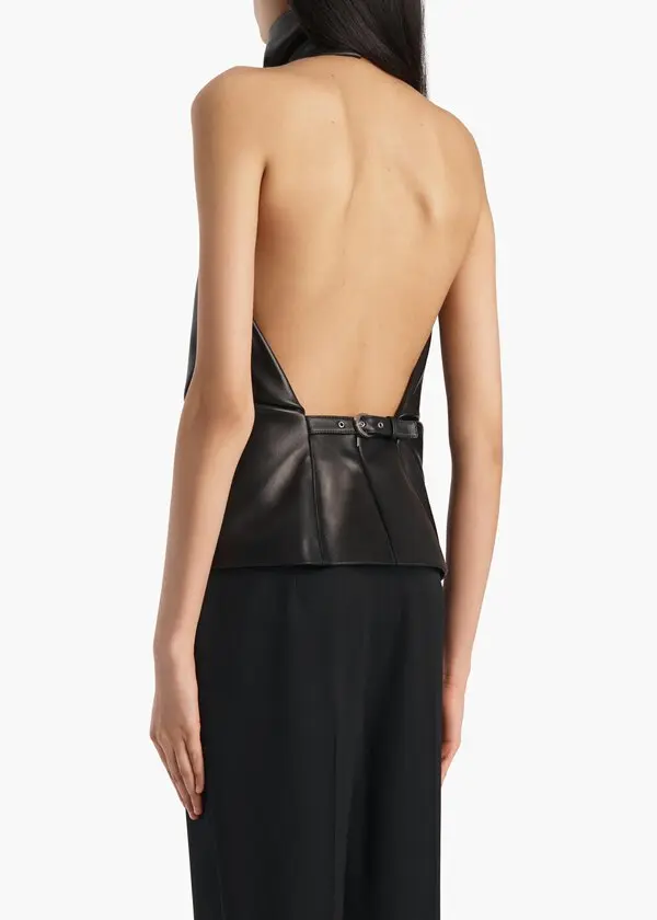 Khaite High Neck Halter Leather Top - Black