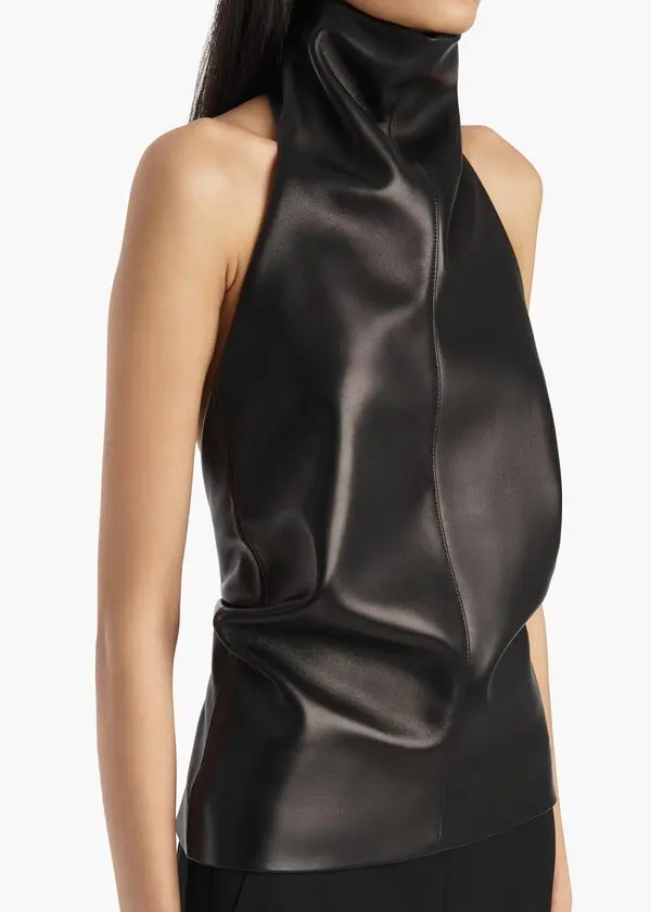 Khaite High Neck Halter Leather Top - Black