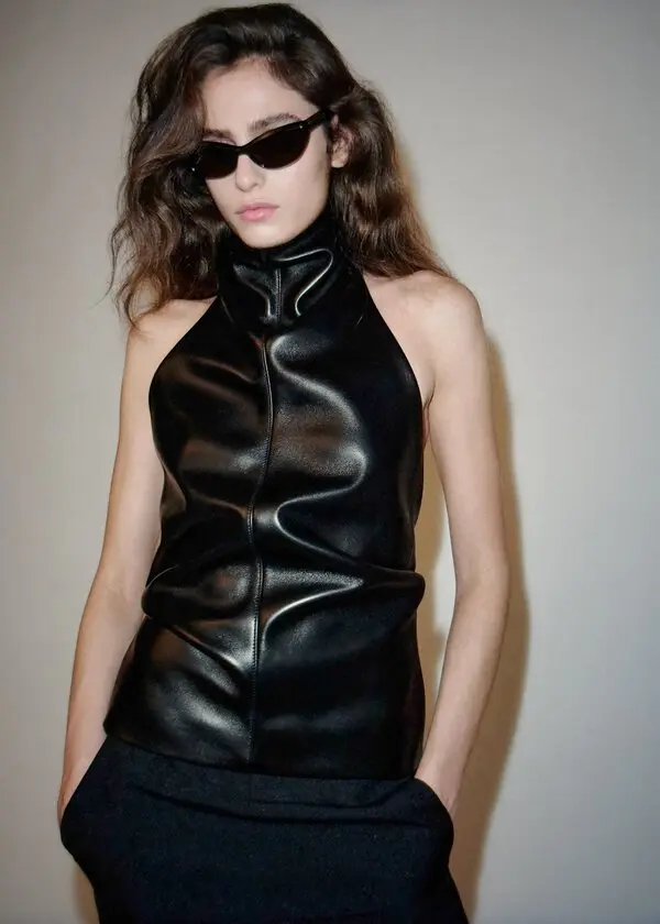 Khaite High Neck Halter Leather Top - Black