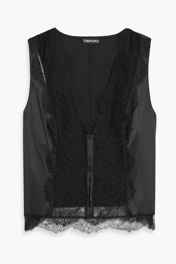 TOM FORD Lacepaneled Silkblend Satin Top - Black