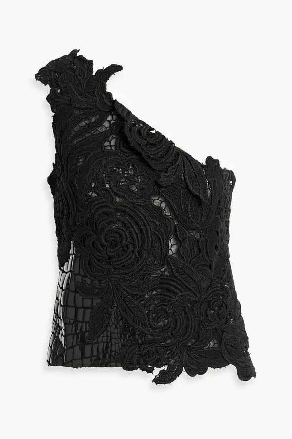 TOM FORD Oneshoulder Croc Effect Leatherpaneled Cottonblend Guipure Lace Top - Black