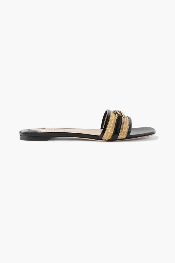 TOM FORD Logoembellished Raffiatrimmed Leather Slides - Black