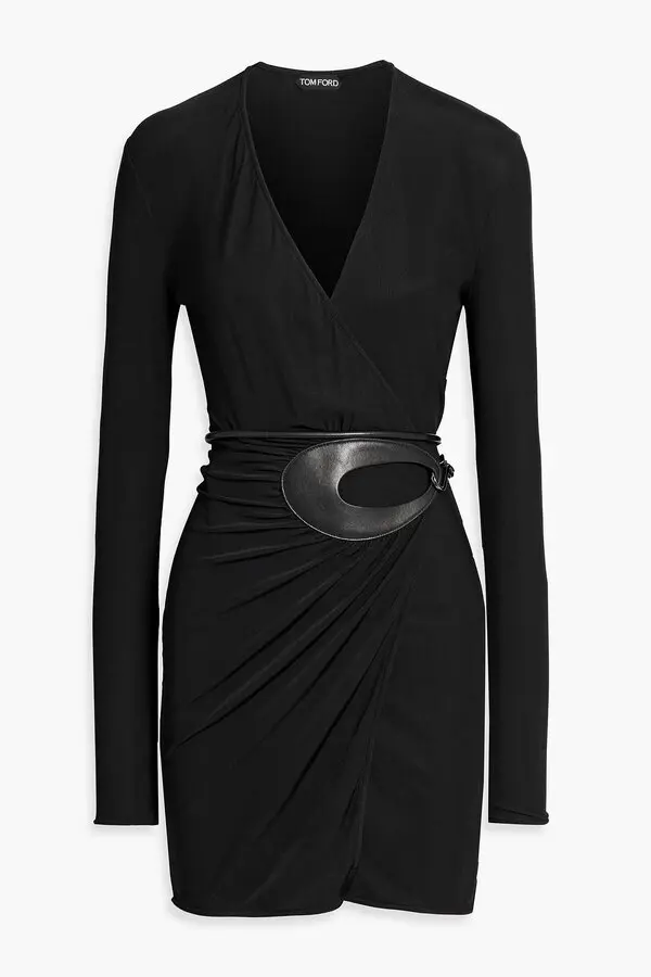 TOM FORD Leathertrimmed Crepe Mini Wrap Dress - Black