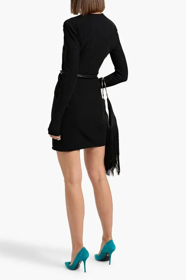 TOM FORD Leather-trimmed Crepe Mini Wrap Dress