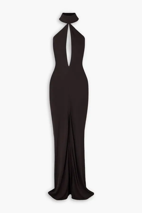 TOM FORD Cutout Gathered Jersey Halterneck Gown - Chocolate