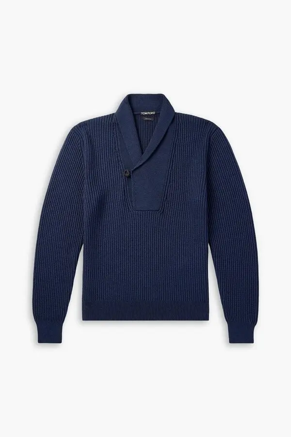 TOM FORD Slimfit Shawlcollar Ribbed Merino Woolblend Halfplacket Sweater - Navy