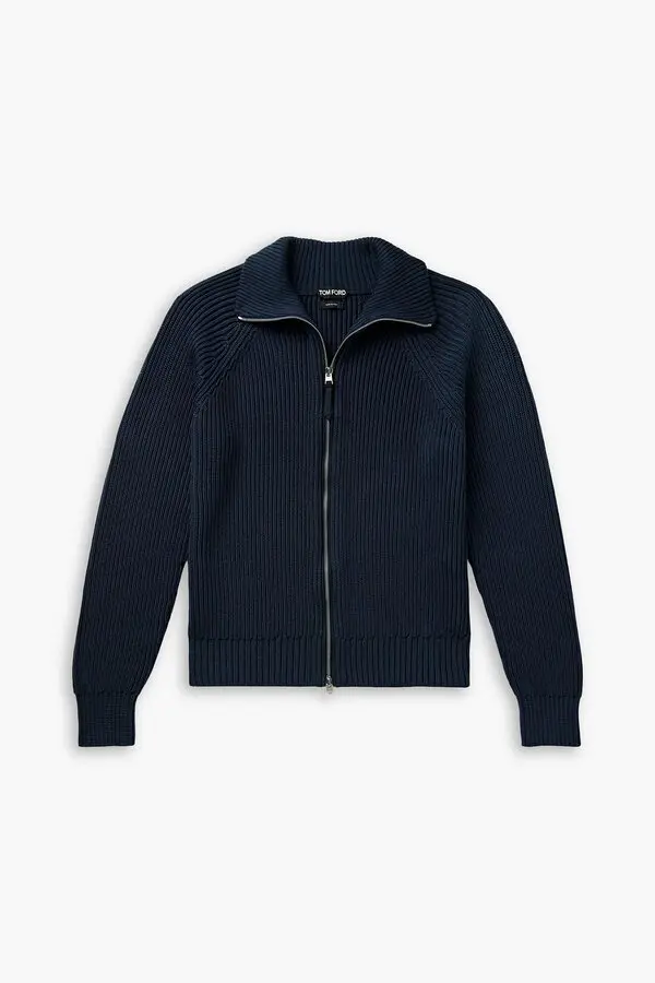 TOM FORD Slimfit Ribbed Silk And Cottonblend Zipup Cardigan - Navy