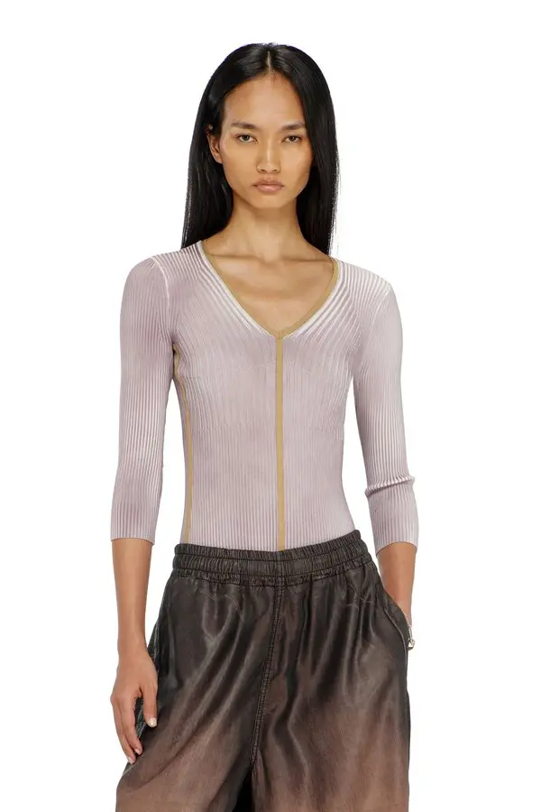 DIESEL® Ribbed V-neck Jumper With Contrast Bands - Violet