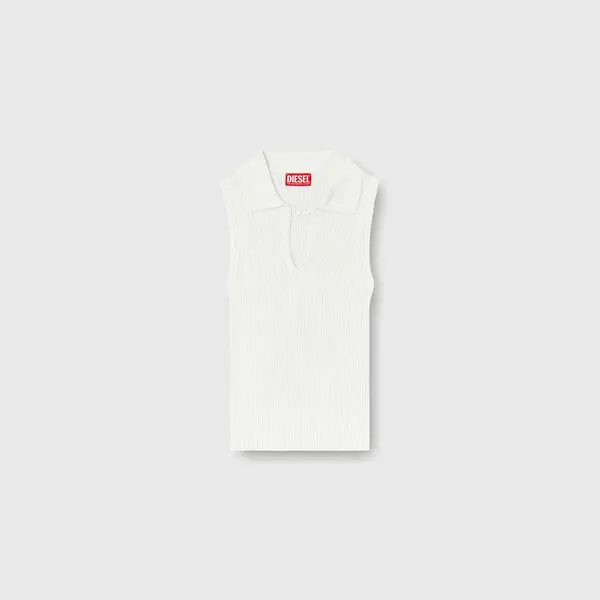 DIESEL® Sleeveless Rib-knit Silk Blend Polo Top - White