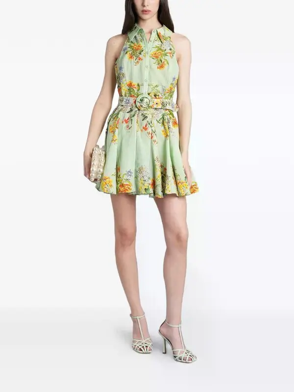 Hemant & Nandita Sleeveless Floral Print Belted Mini Dress - Green