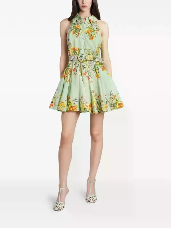 Hemant & Nandita Sleeveless Floral Print Belted Mini Dress - Green