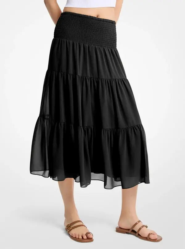 Michael Kors Smocked Georgette Tiered Skirt - Black