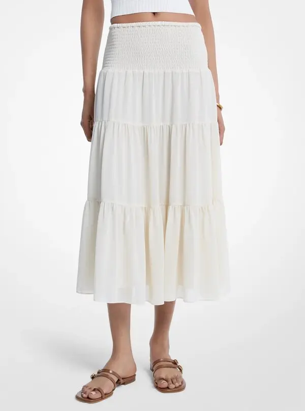 Michael Kors Smocked Georgette Tiered Skirt - Natural