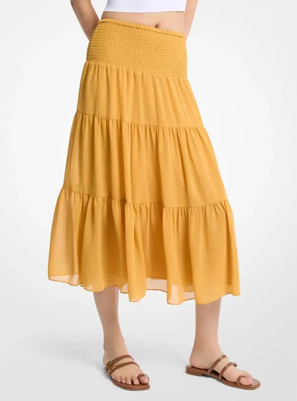 Michael Kors Smocked Georgette Tiered Skirt - Yellow