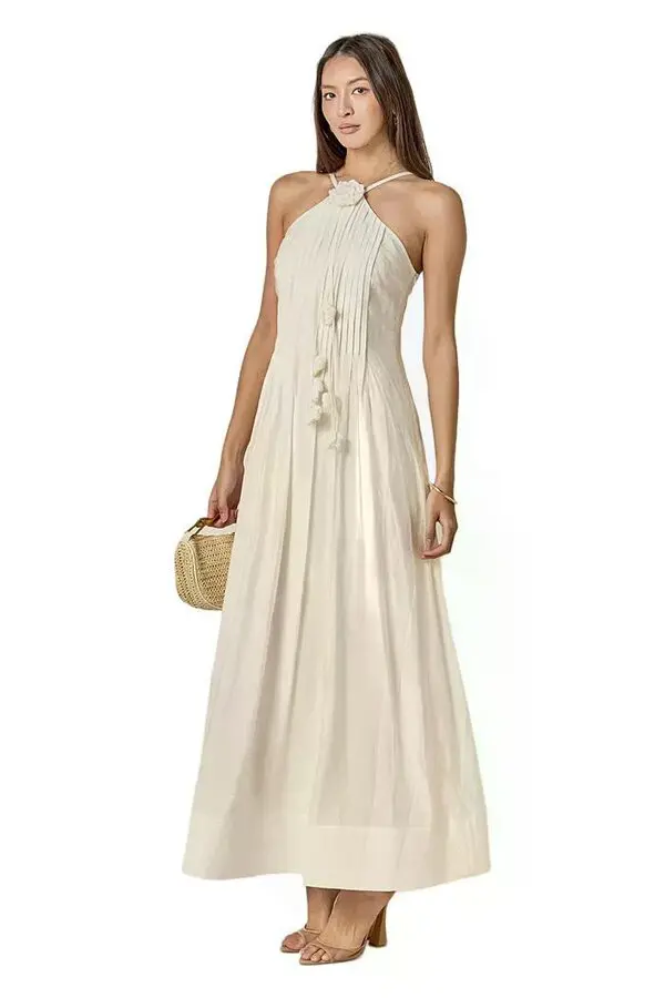 English Factory Crochet Flower-trim Sheer Halter Maxi Dress - Off White